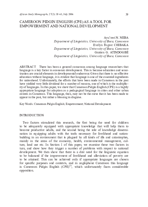 (PDF) CAMEROON PIDGIN ENGLISH (CPE) AS A TOOL FOR EMPOWERMENT AND ...