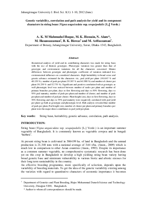 (PDF) Genetic variability, correlation and path analysis for yield and its component characters ...