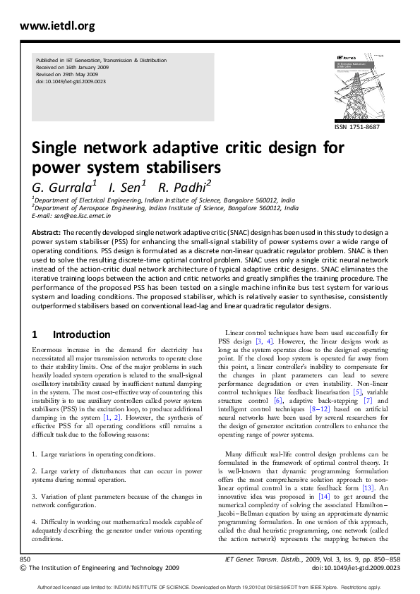 (PDF) Single Network Adaptive Critic Design for Power System Stabilizers
