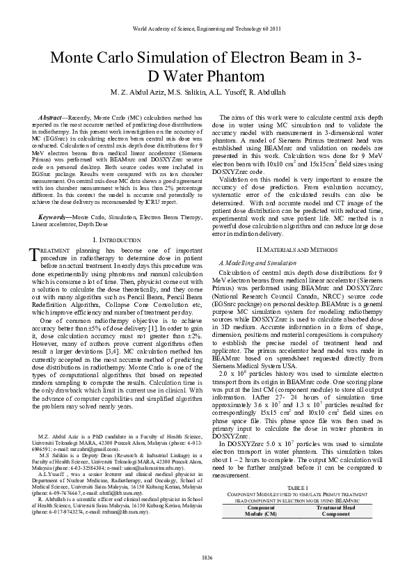 Pdf Monte Carlo Simulation Of Electron Beam In 3 D Water Phantom