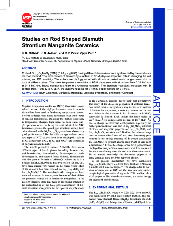 (PDF) Studies on rod shaped bismuth strontium manganite ceramics