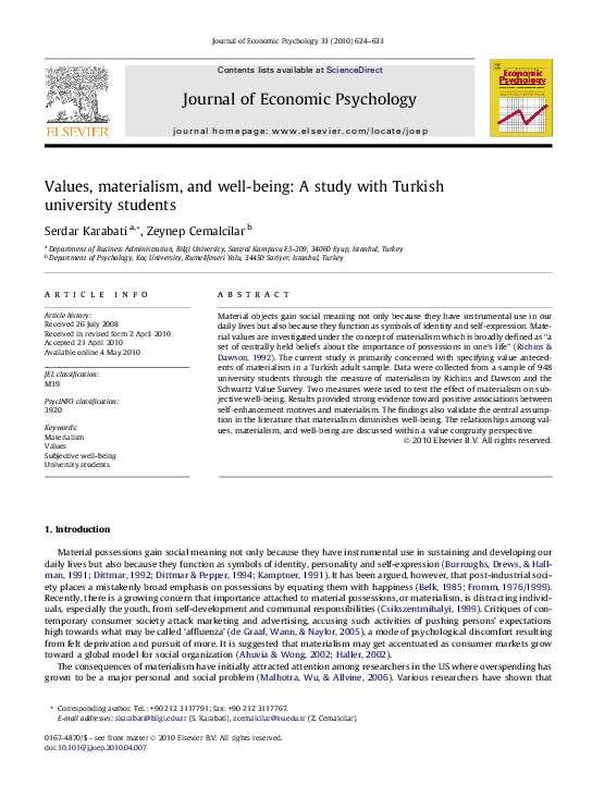 (PDF) Values, materialism, and well-being: A study with Turkish ...