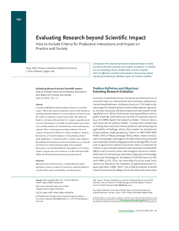 (PDF) Evaluating Research beyond Scientific Impact: How to Include ...