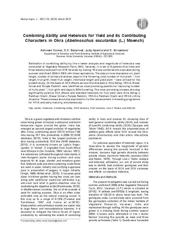 Pdf Combining Ability And Heterosis For Yield And Its Contributing