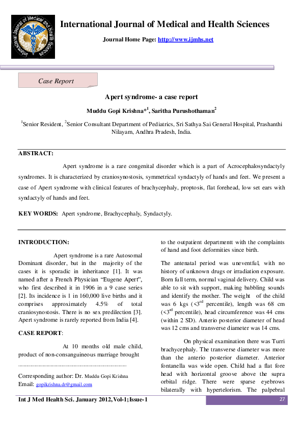 (PDF) Apert syndrome- a case report