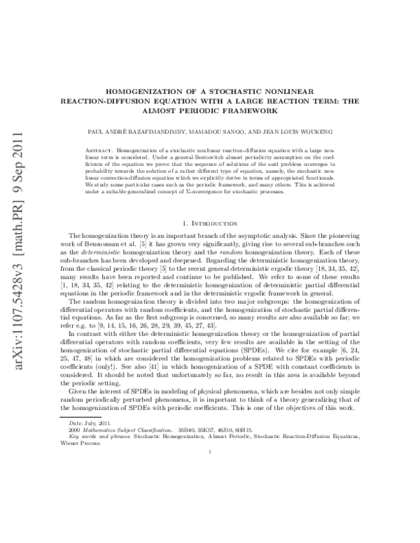 Pdf Homogenization Of A Stochastic Nonlinear Reaction Diffusion Equation With A Large Reaction