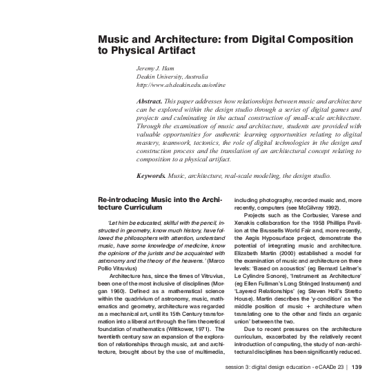 (PDF) Music and architecture: from digital composition to physical artifact