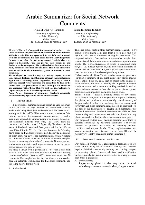 (PDF) Arabic summarization of Facebook comments