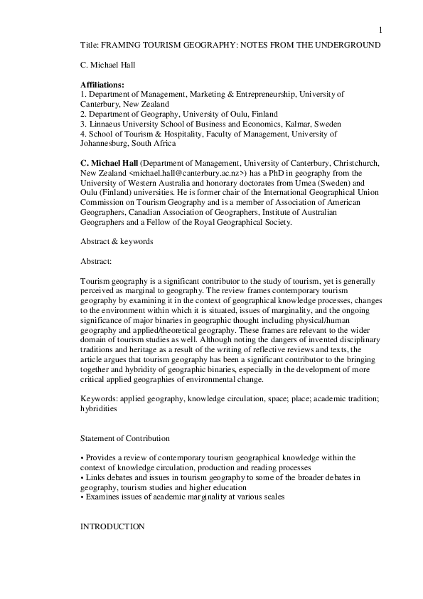 (DOC) Framing Tourism Geography: Notes from the Underground