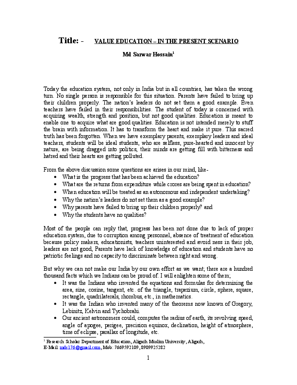 (DOC) VALUE EDUCATION – IN THE PRESENT SCENARIO