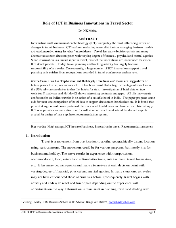 (PDF) Role of ICT in Business Innovations in Travel Sector
