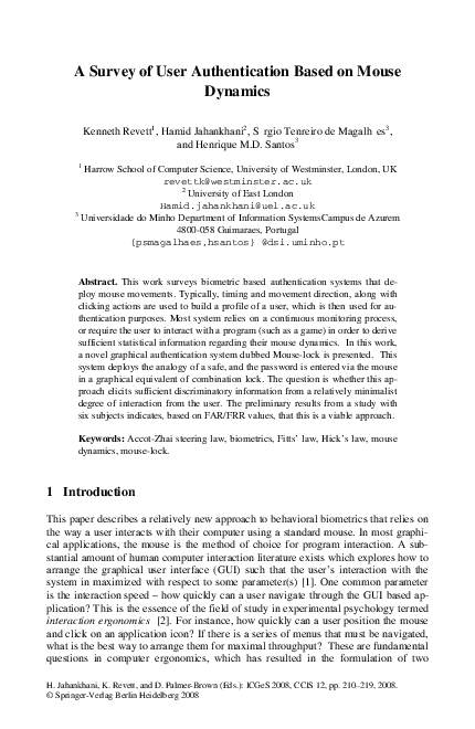 (PDF) A survey of user authentication based on mouse dynamics