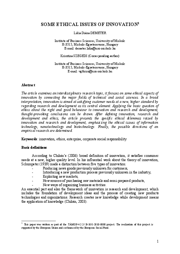(DOC) Some Ethical Issues of Innovation