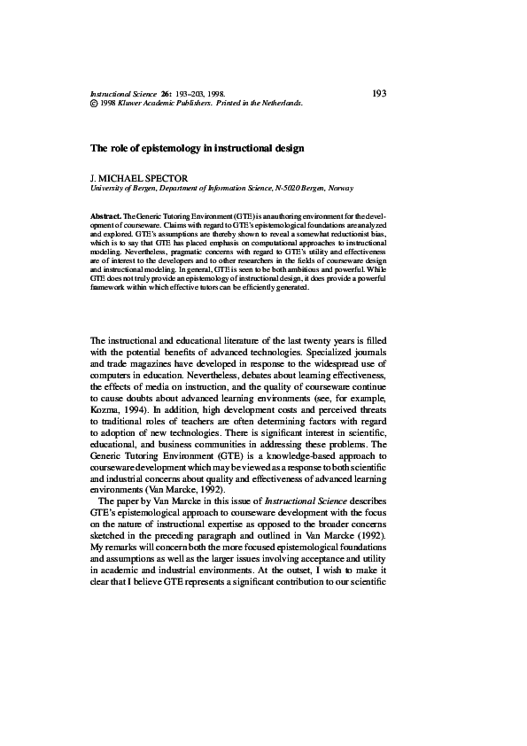 (PDF) The role of epistemology in instructional design