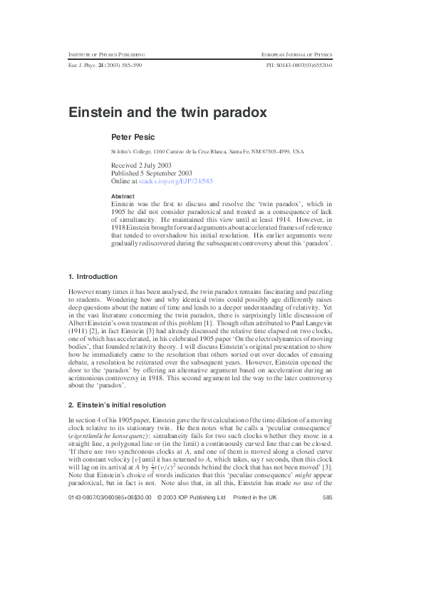 (PDF) Einstein and twin paradox