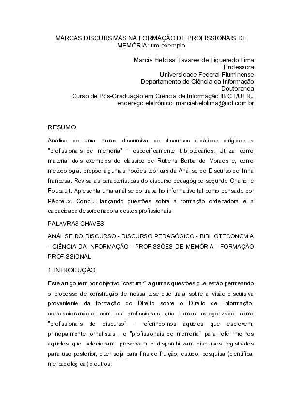 (PDF) MARCAS DISCURSIVAS NA FORMAÇÃO DE PROFISSIONAIS DE MEMÓRIA: um ...