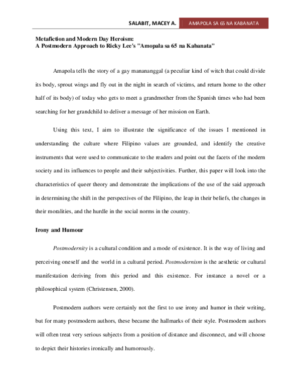 (PDF) A Postmodern Approach to Ricky Lee's "Amapola sa 65 na Kabanata"