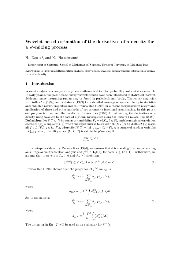 (PDF) Wavelet based estimation of the derivatives of a density for a ∗-mixing process