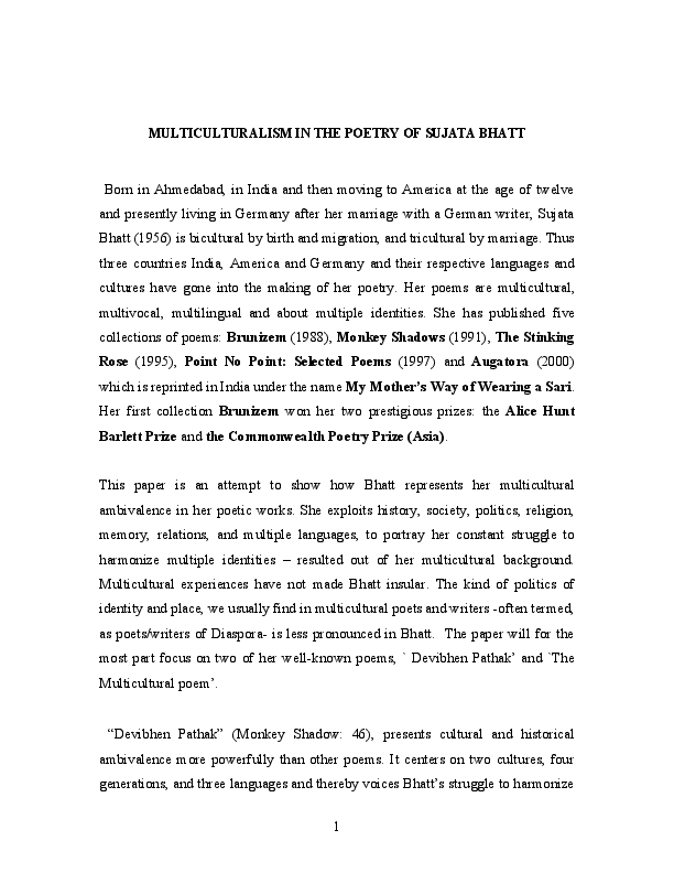 (DOC) MULTICULTURALISM IN THE POETRY OF SUJATA BHATT