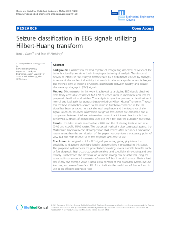 (PDF) Seizure classification in EEG signals utilizing Hilbert-Huang transform