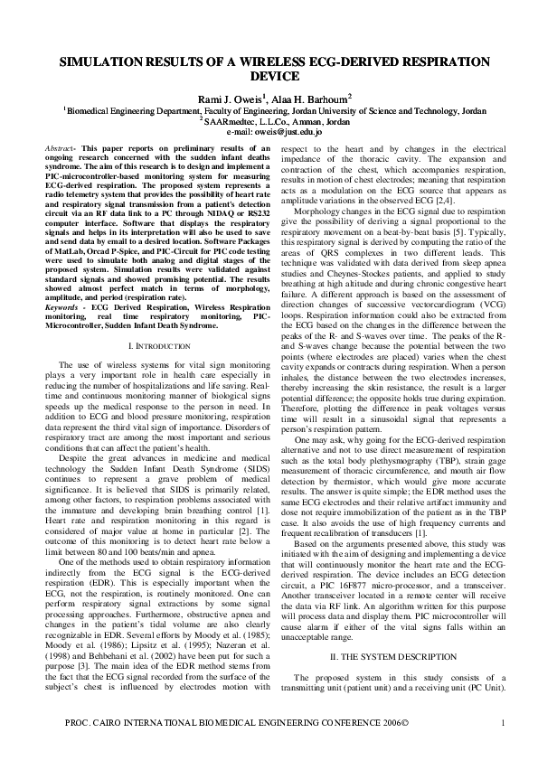 Pdf Simulation Results Of A Wireless Ecg Derived Respiration Device