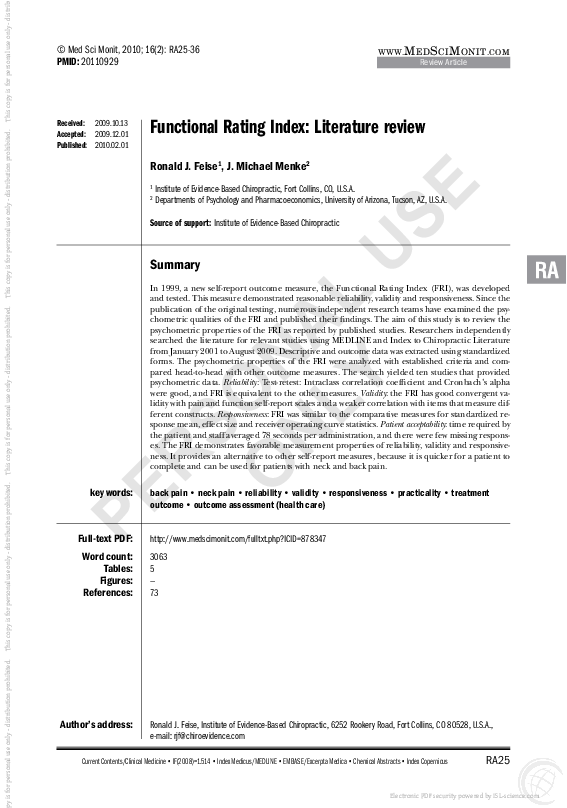 (PDF) Functional Rating Index: Literature review