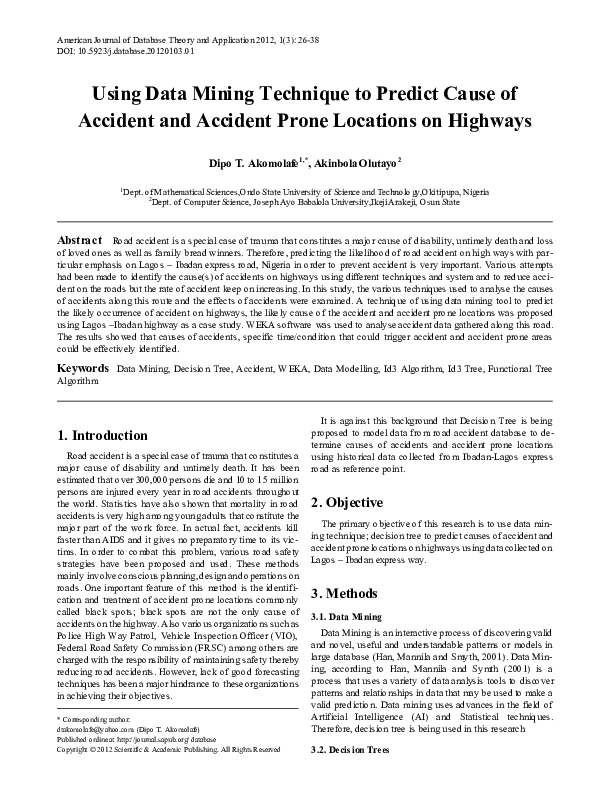 (PDF) Using Data Mining Technique to Predict Cause of Accident and Accident Prone Locations on ...