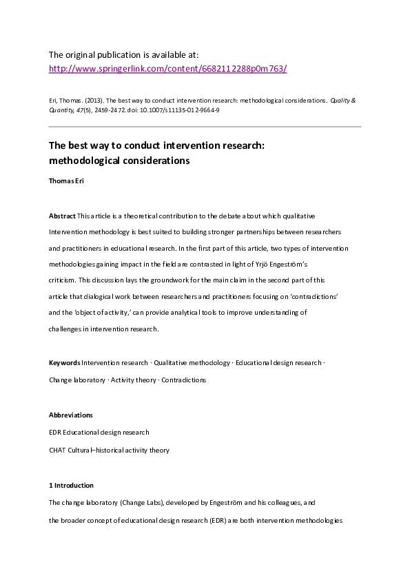 (PDF) The best way to conduct intervention research: methodological ...