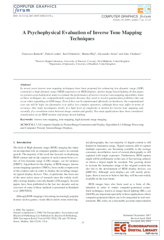 (PDF) A psychophysical evaluation of inverse tone mapping techniques