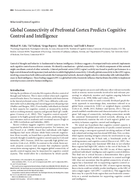 (PDF) Global Connectivity of Prefrontal Cortex Predicts Cognitive ...