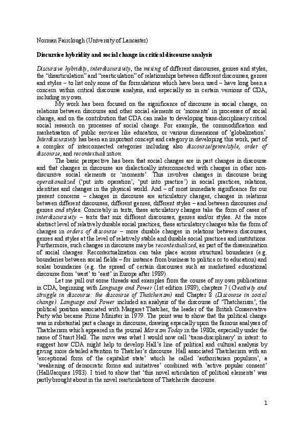 (DOC) Discursive hybridity and social change in Critical Discourse ...