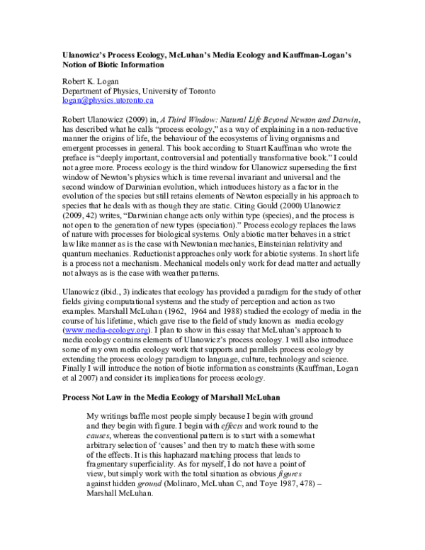 (PDF) Ulanowicz’s Process Ecology, McLuhan’s Media Ecology and Kauffman ...