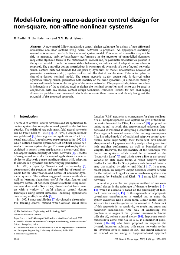 Pdf Model Following Neuro Adaptive Control Design For Non Square Non Affine Nonlinear Systems 6956