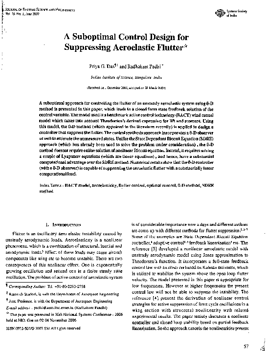 (PDF) A Suboptimal Control Design for Supressing Aeroelastic Flutter