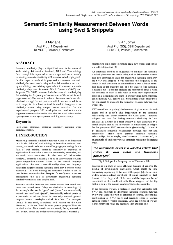 (PDF) Semantic Similarity Measurement between Words using SWD & Snippets