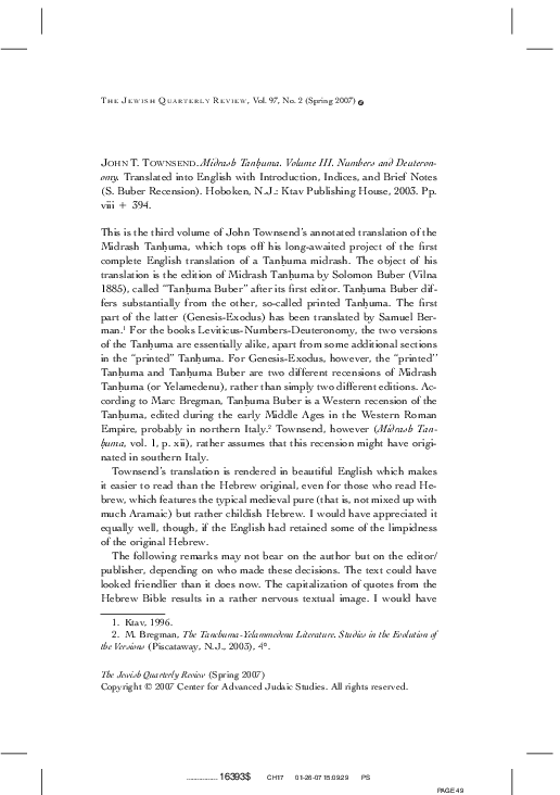 John T. Townsend. Midrash Tanhuma. Volume III. Numbers and Deuteronomy ...