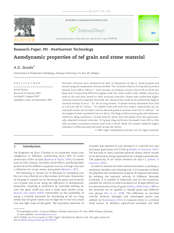 (PDF) aerodynamic property of tef grain and straw