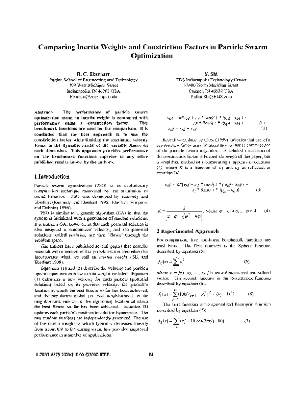 Pdf Comparing Inertia Weights And Constriction Factors In Particle Swarm Optimization