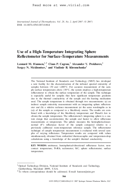 (PDF) Use of a High-Temperature Integrating Sphere Reflectometer for ...