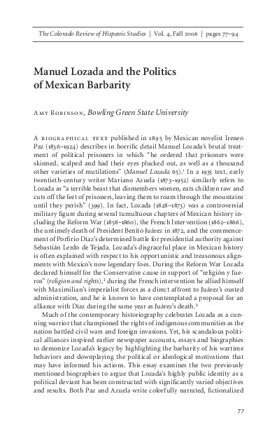 (PDF) Manuel Lozada and the Politics of Mexican Barbarity