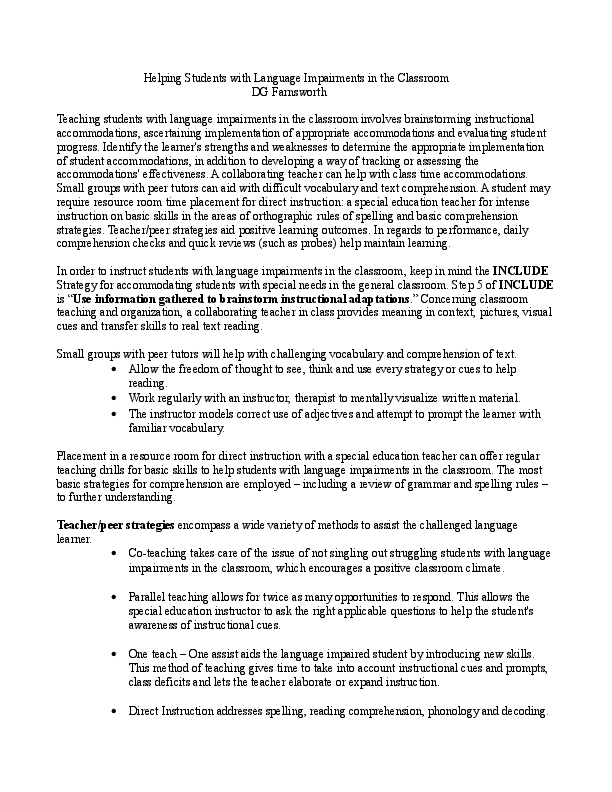 (DOC) Helping Students with Language Impairments in the Classroom