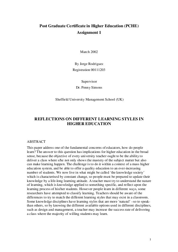 (PDF) © 2002. "Reflections on different learning styles in higher ...