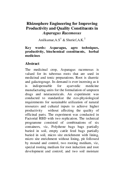 (PDF) “Rhizosphere Engineering for Improving Productivity and Quality Constituents in Asparagus ...