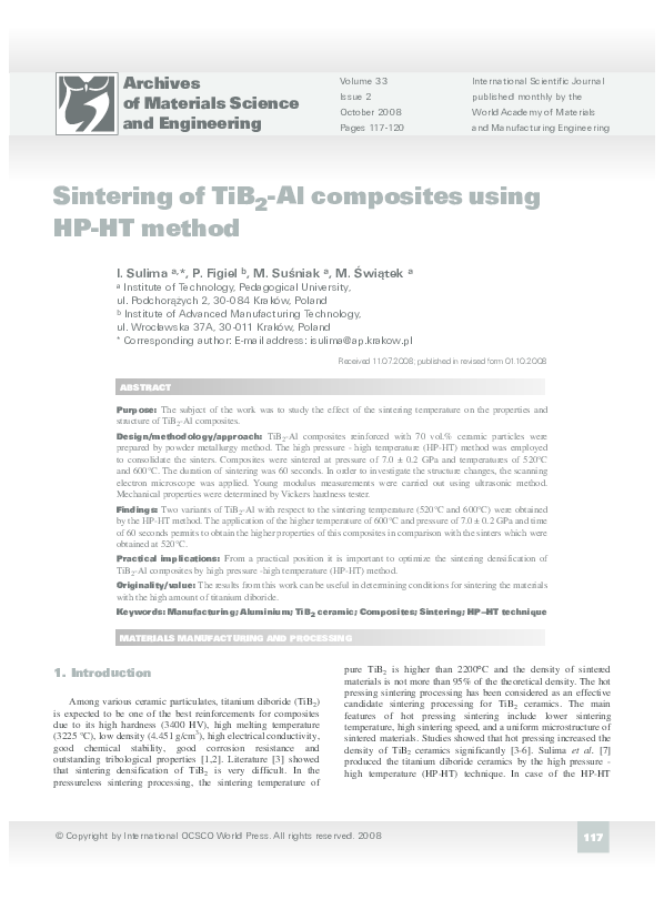 (PDF) Sintering of TiB2-Al composites using HP-HT method