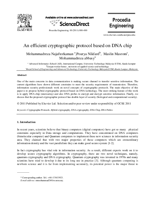 (PDF) An efficient cryptographic protocol based on DNA chip