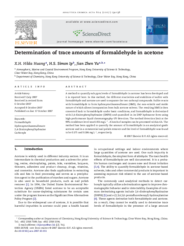Pdf Determination Of Trace Amounts Of Formaldehyde In Acetone