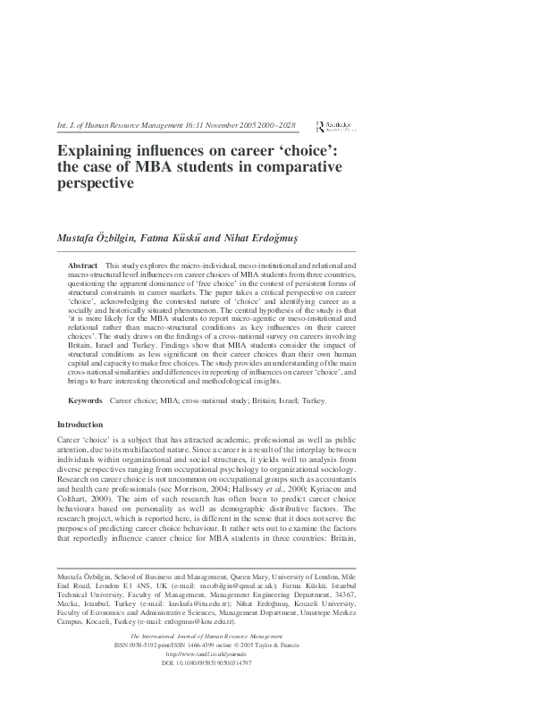 (PDF) Explaining inﬂuences on career ‘choice’: the case of MBA students ...