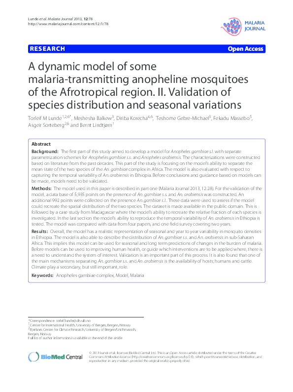 (PDF) A dynamic model of somemalaria-transmitting anopheline mosquitoesof the Afrotropical ...
