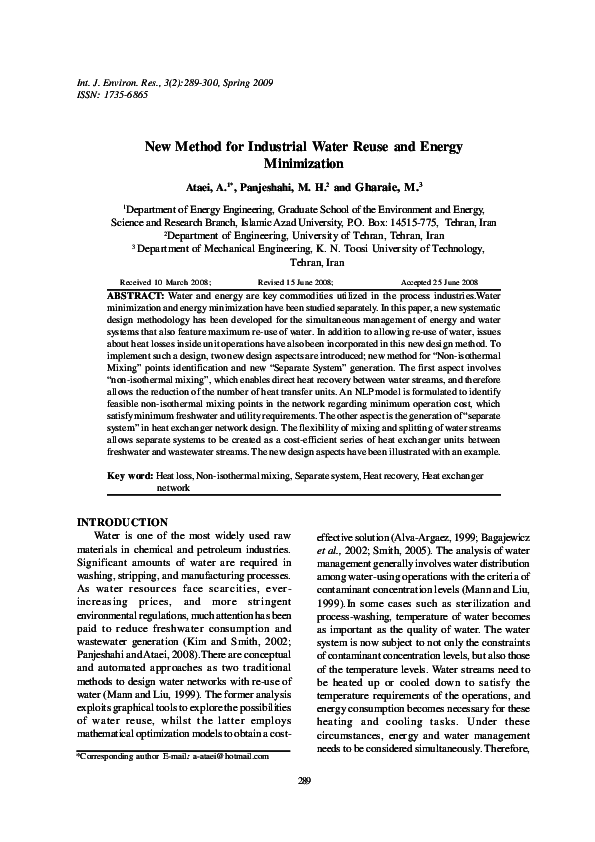 (PDF) New Method for Industrial Water Reuse and Energy Minimization