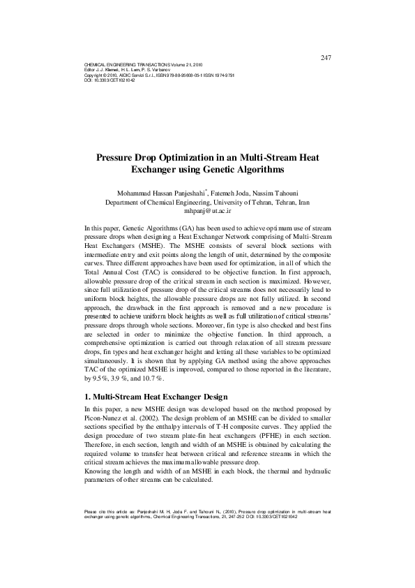 (PDF) Pressure Drop Optimization in Multi-Stream Heat Exchanger Networks by Genetic Algorithms